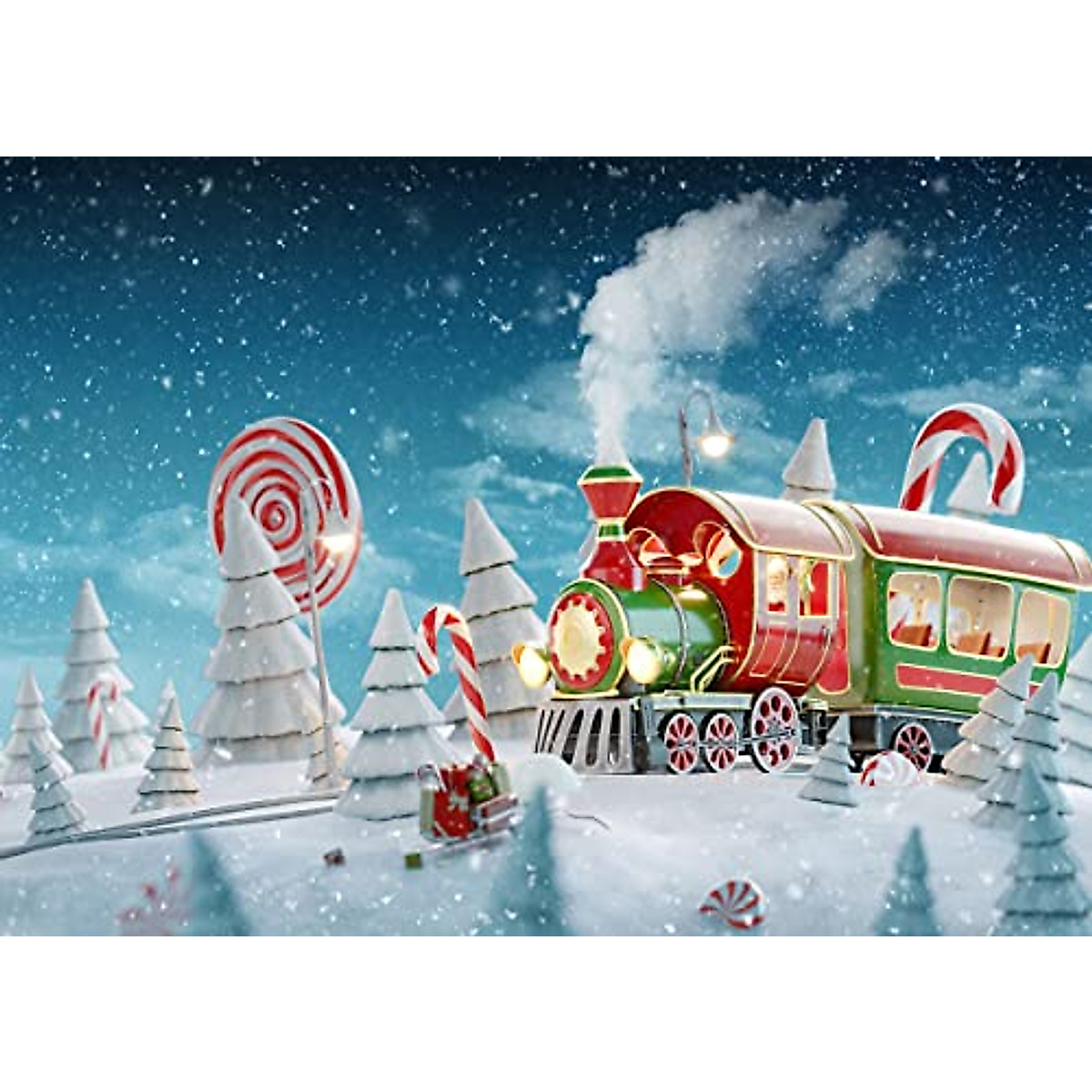 LYWYGG 7x5ft Christmas Backdrop Winter Snowy Christmas Backdrop Christmas Red Candy Train Backdrop New Year Wallpaper Family Party Decor Holiday Party Party Atmosphere Background CP-305