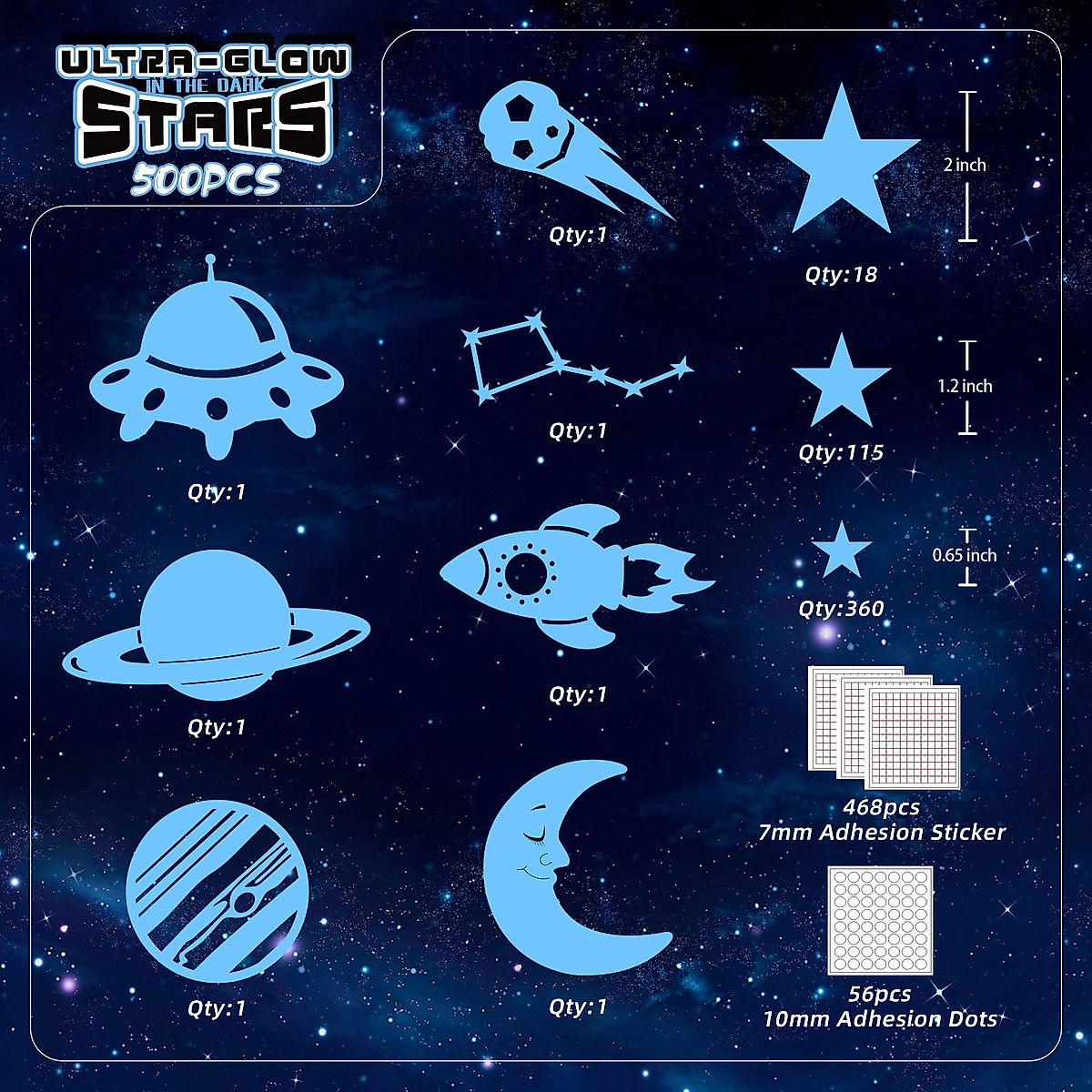 500Pcs 3D Glow in the Dark Stars Blue Glow in the Dark Stars for Ceiling Space Wall Decals Glowing Astronaut Universe Planet Galaxy Wall Stickers Ceiling Decorations for Boys Kids Bedroom Decor (Blue)