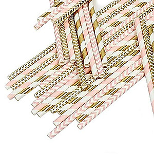 Biodegradable Paper Straws, 100 Pink Straws/Gold Straws for Party Supplies, Birthday, Wedding, Bridal/Baby Shower Decorations and Holiday Celebrations