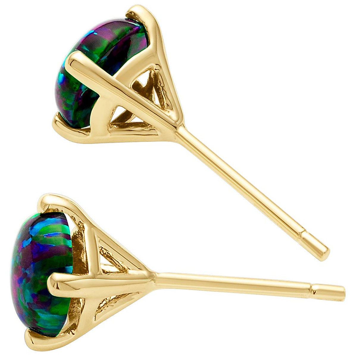 Peora Solid 14K Yellow Gold Created Fire Black Opal Stud Earrings for Women, Classic Solitaire Round Shape, 6mm, 1 Carat total, Hypoallergenic, Friction Back