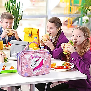 WERNNSAI Sequins Unicorn Lunch Box - Holographic Insulated Girls Lunch Bag for Kids Bento Back to School Picnic Preschool Kindergarten Lunch box Waterproof Reusable Thermal Lunch Tote Box