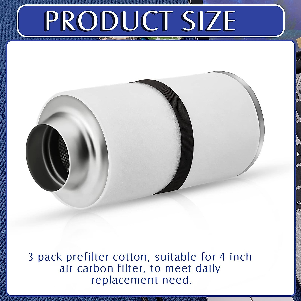 3 Packs Air Filter Universal Replacement Filter White Cotton Prefilter Sleeve Cover with 3 Packs Elastic Ropes for Carbon Filter (4 Inches)