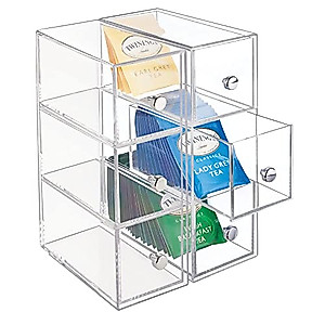 mDesign Plastic Kitchen Pantry Stackable Storage Organizer Container Station with 3 Drawers for Cabinet, Countertop, Holds Coffee, Tea, Sugar Packets, Creamers - Lumiere Collection - 4 Pack - Clear