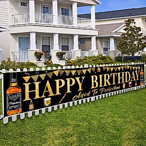 Whiskey Birthday Banner Decorations for Men, Large Black Gold Aged to Perfection Birthday Yard Banner Sign Party Supplies, Whiskey Themed Happy Birthday Photo Booth Props Decor for Indoor Outdoor
