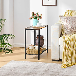 Hoctieon 2 Tier End Table, Sofa Side Table, Narrow Side Table with Storage, Slim Nightstand for Small Spaces, Metal Frame, for Living Room, Bedroom, Sofa Couch, Hall, Rustic Brown, 2 Set