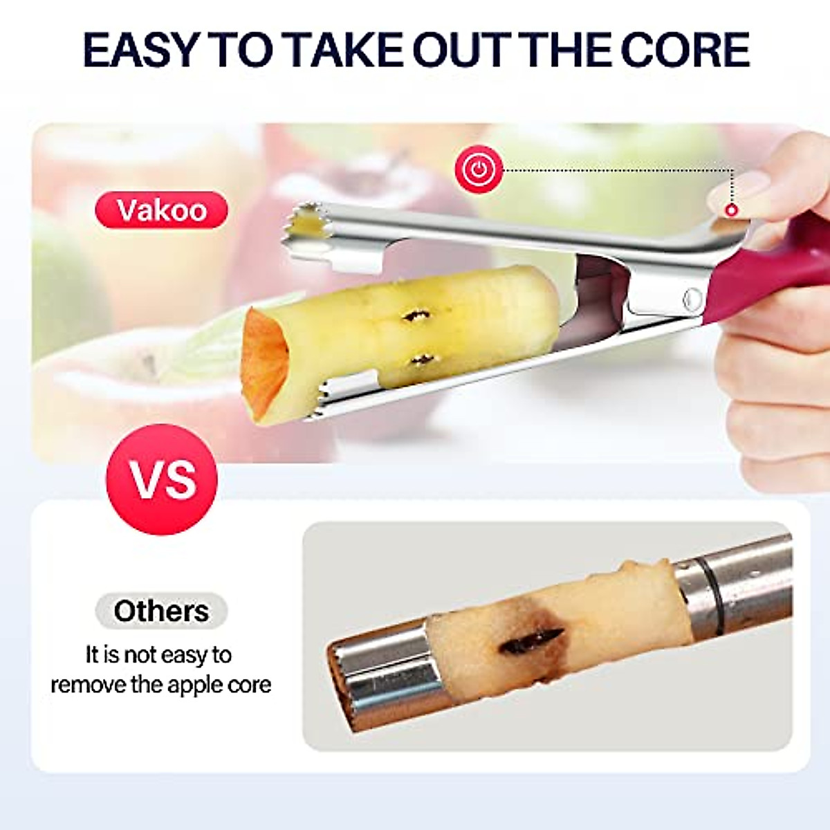 Apple Corer, Vakoo [Upgraded 2022] Food-Grade Stainless Steel Apple Corer Remover Tool for Removing Cores & Pits, Easy to Use Kitchen Gadget - Red