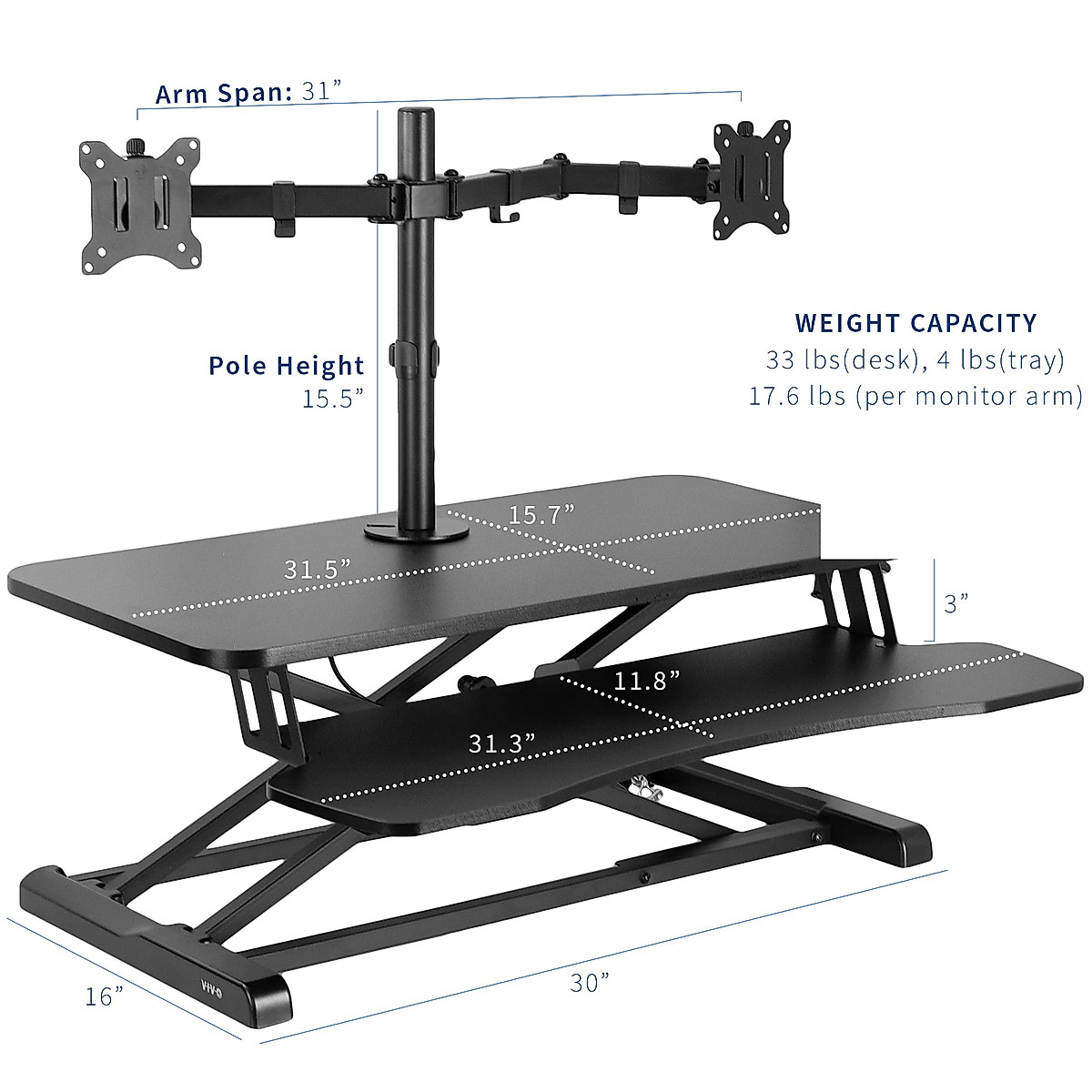 VIVO Height Adjustable 32 inch Standing Desk Converter with Dual 13 to 30 inch Monitor Stand, Sit Stand Monitor Mount and Desk Riser, Black, DESK-V000K-M2