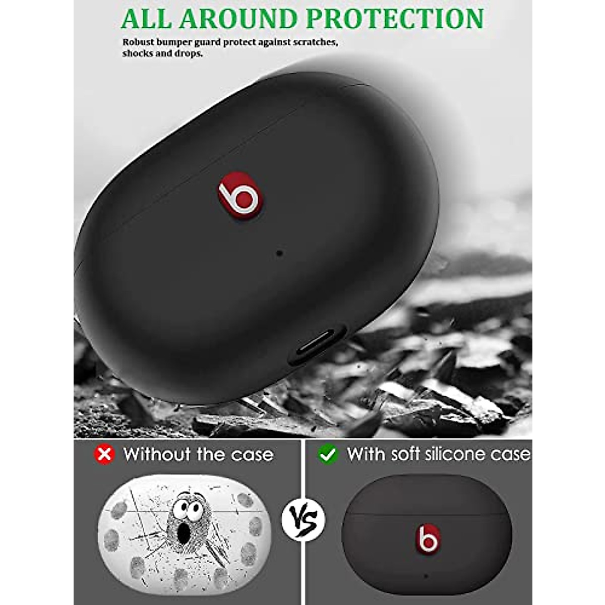 Olytop Beats Studio Buds/Buds + Case with Cleaner kit 2021/2023, Soft Silicone Case for New Beat Studio Buds Plus Cover Protective Skin with Keychain, Cleaning Pen for Beat Studio Earbuds, Black