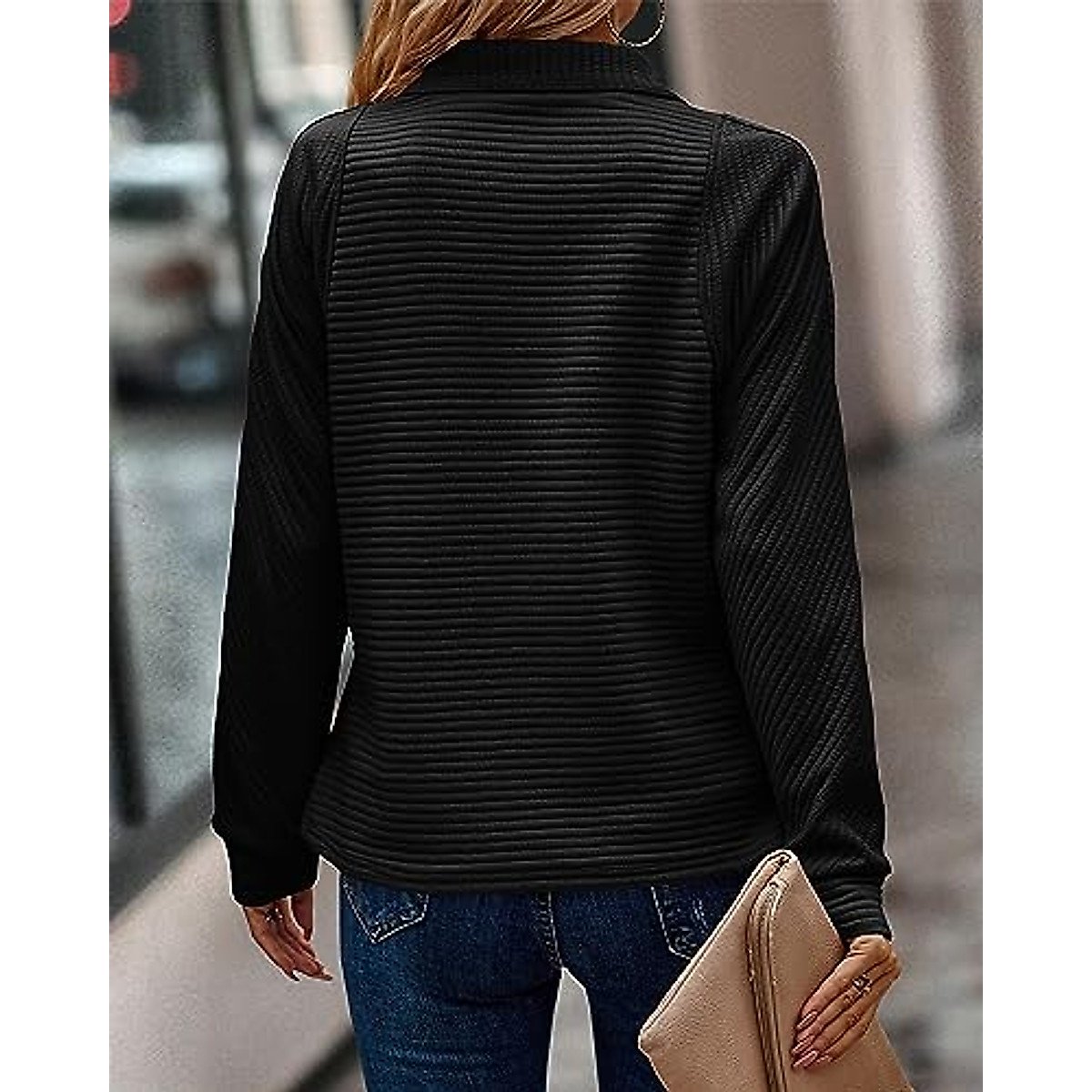 BTFBM Womens 2023 Fall Fashion Quarter Zip Sweatshirts Half Zip Casual Long Sleeve Solid Color V Neck Pullover Tops(Solid Black,Medium)