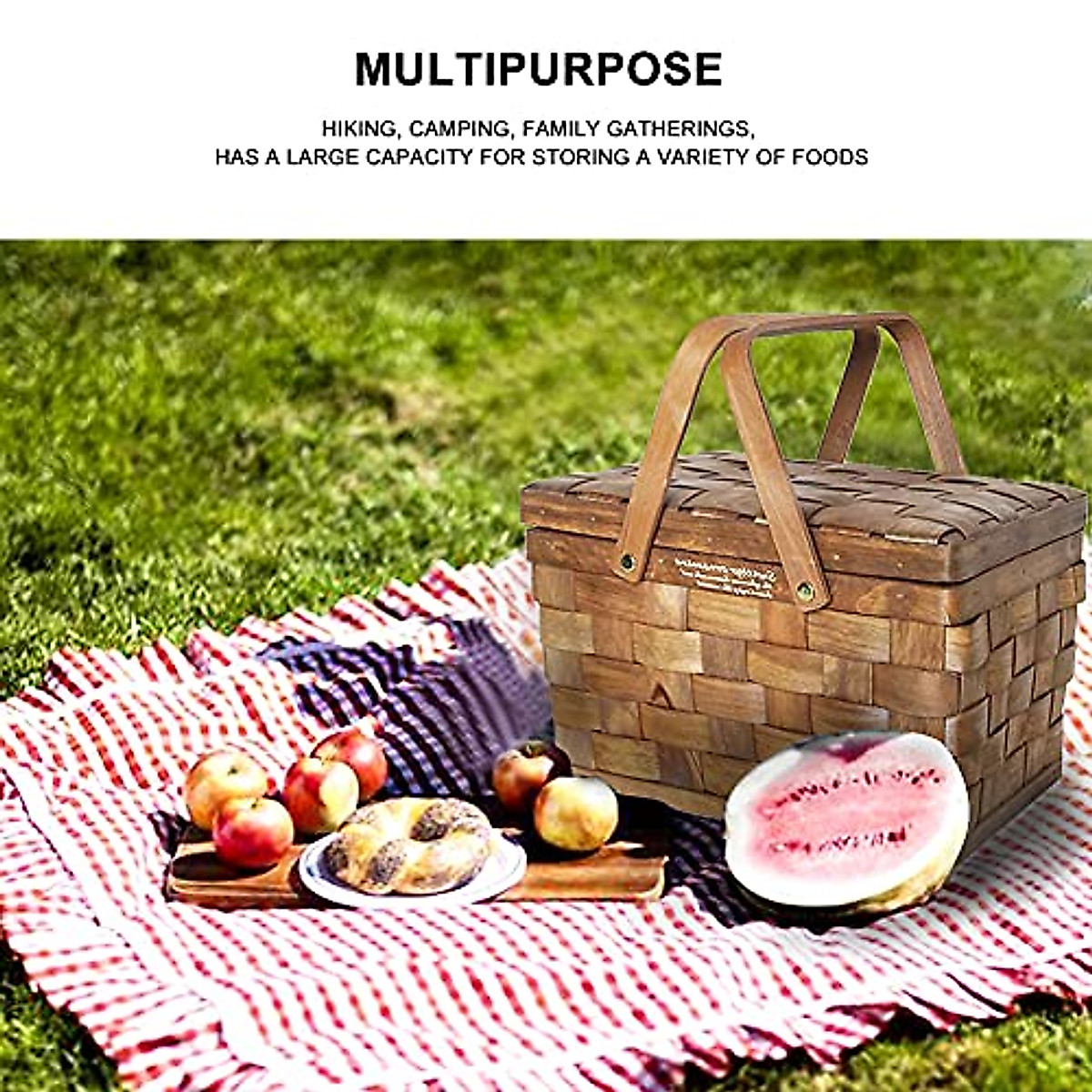 Picnic Basket with Folding Handles, Wooden Hamper Wedding Bread Display Picnic Basket Prop with Lid (Coffee)