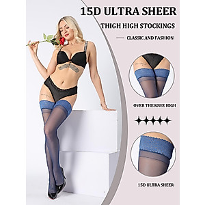 MERYLURE 15D Sheer Thigh High Stockings for Women with Double Silicone Lace Top Valentines Day Pantyhose Stay Up Nylons
