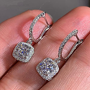 Classic Cubic Zirconia Dangle Hoop Earrings for Women Girls 18K White Gold Plated Princess Cut Square Halo CZ Charms Drop Dangling Leverback Stud Dainty Birthday Wedding Anniversary Jewelry Gifts (Silver)