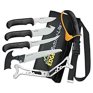 OUTDOOR EDGE ButcherLite 8-Piece Butcher Knife Set | Features a Nylon Roll Pack Case that Doubles as a Belt Scabbard | Razor-Sharp Full-Tang Caping & Boning Knives, Skinning Knife, Bone Saw & More