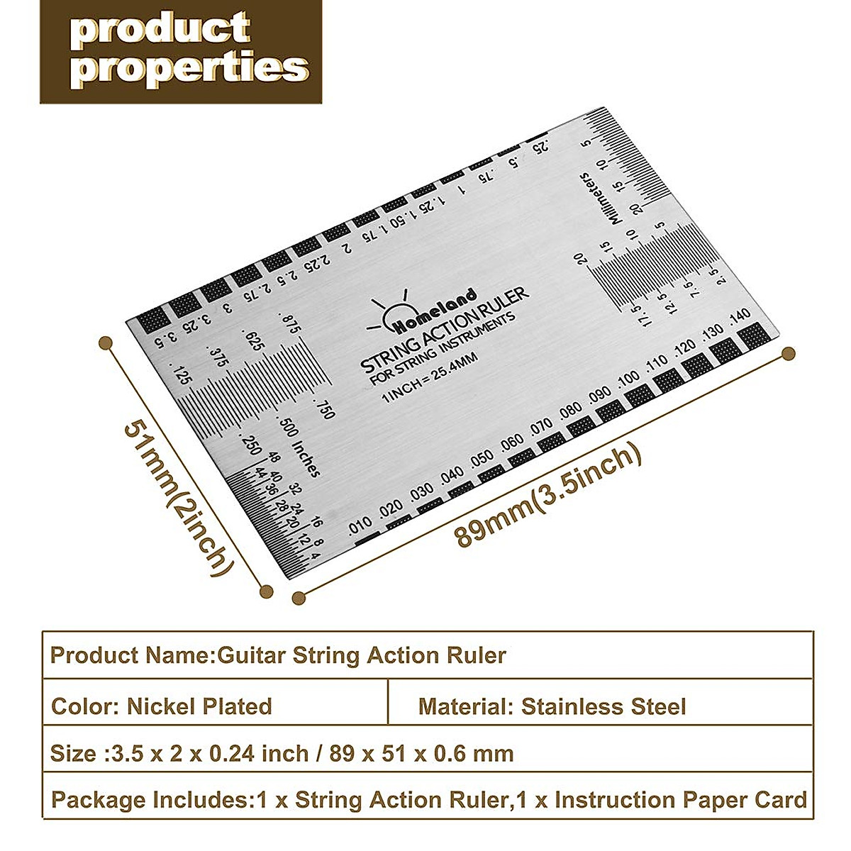 Alnicov Stainless Steel String Action Ruler Guitar Setup Gauge Luthier Measuring Tool with User Guide for Electric, Acoustic Bass Guitars