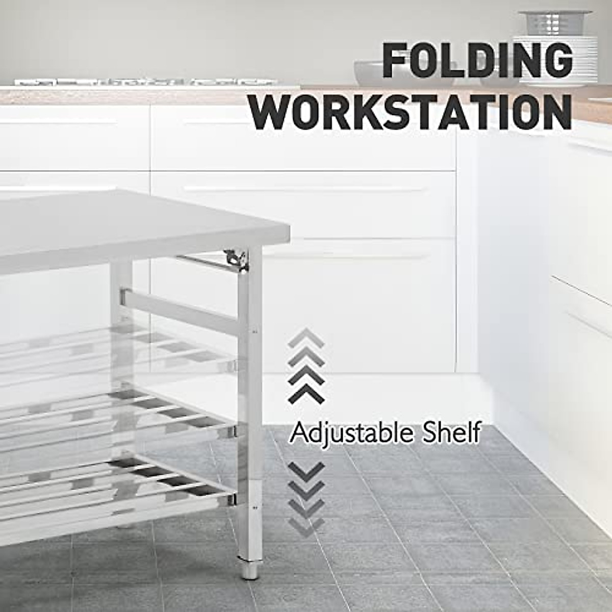 Fashionwu Stainless Steel Table, 24 x 47 Inches Folding Heavy Duty Table for Kitchen, Commercial Stainless Steel Prep Table with Adjustable Undershelf, for Restaurant, Home and Hotel
