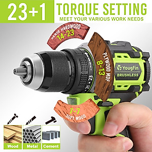 YOUGFIN Brushless Cordless Drill Diver Set Heavy Duty for Home Use, 20v Rechargeable Battery Powered Drills with Charger 45N.M, 23+1 Torque, 2 Speed Mode Electric Wall Drill Machine 2-13mm Chuck
