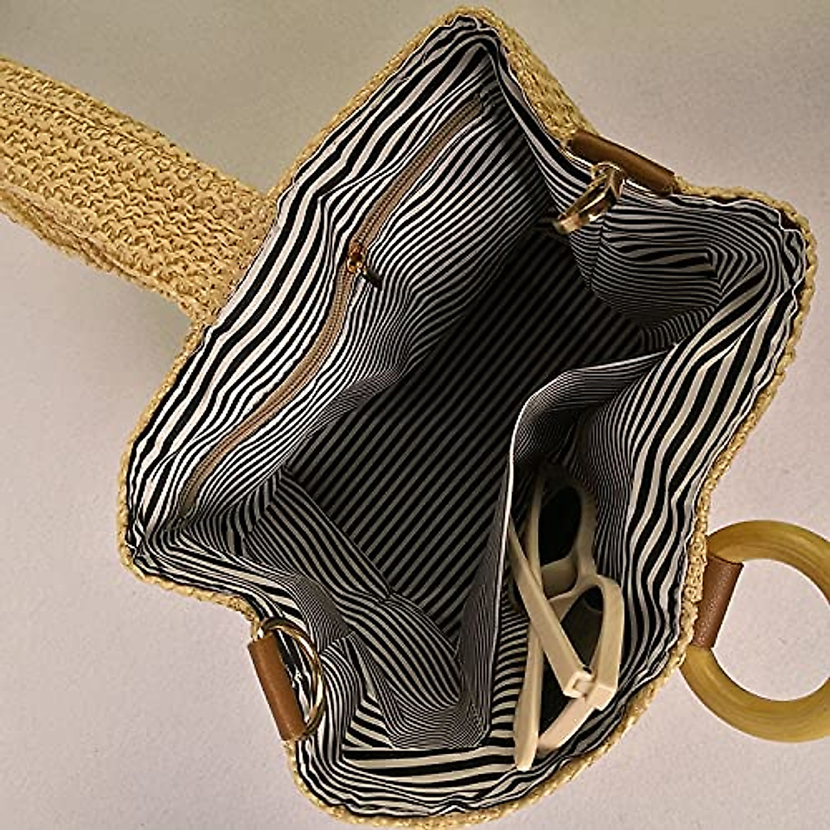 Women Top Handle Bag Straw Weave Circular Ring Bucket Bag