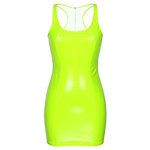YONGHS Women's Latex Faux Leather Bodycon Mini Dress Sleeveless Low Cut Sexy Party Club Dresses Fluorescent Green X-Large