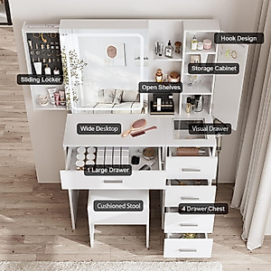 Fameill White Vanity Desk with Mirror and Lights,Makeup Vanity Table Set with Power Strip and Sliding Locker,Visual Drawer Makeup Desk with 5 Drawers&Shelves&Cabinet,3 Lighting Modes