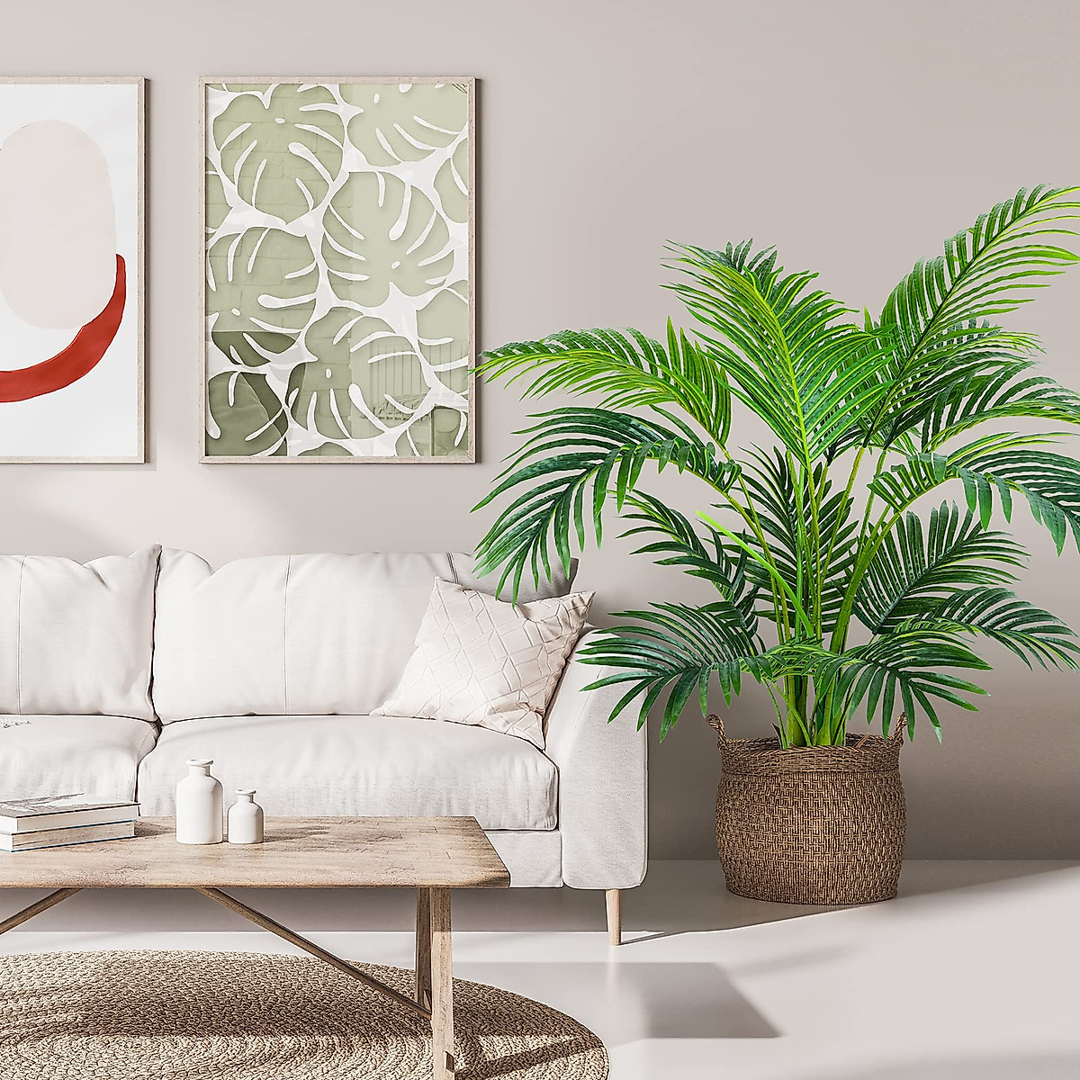 Worth Garden 4ft Artificial Areca Palm Plant 2 Packs in Pot, Fake Cane Palm Silk Tree Indoor Outdoor, Dypsis Lutescens, 47in Lifelike Faux Silk Plant Home Decor, Two Linen Bags & 20g Dry Moss Included