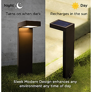 Enchanted Spaces Set of 2 Modern Solar Black Metal Outdoor L-Shaped Path Lights with Bright LED, Solid Metal Aluminum Groundstake