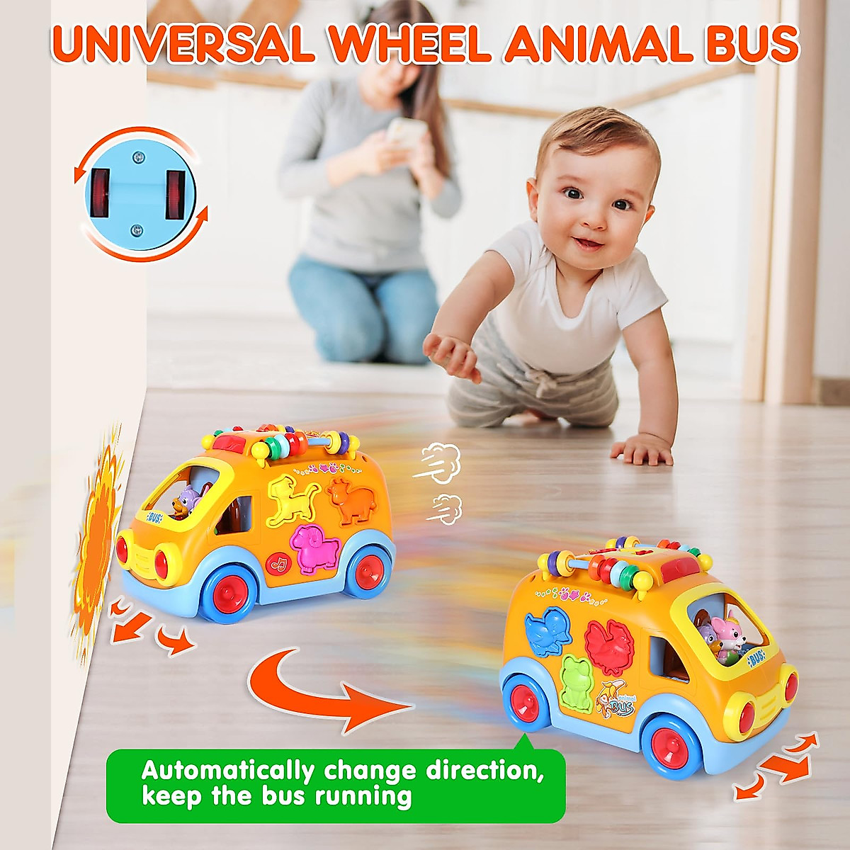 Toy Cars for 1 Year Old Boy Gifts Baby Toys 12-18 Months, Musical Learning Toys for Toddlers 1-3, Educational Baby Bus with Animal Blocks, Christmas Birthday Gift for 1 2 3 4 Year Old Boys Girls Kids