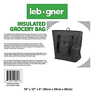 Insulated Grocery Bag By Lebogner - Large 5 Gallon Capacity Vacation Cooler Bag For Hot Or Cold Food With Zipper Closure, Collapsible Travel Delivery, Shopping Carry Basket, Camping Outdoor Picnic Bag
