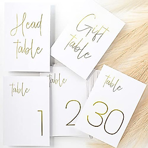 Gorgeous Gold Wedding Table Numbers - Modern Double Sided Lettering with Head Table Card - 4 x 6 inches and Numbered 1-30 - Perfect for Weddings and Events