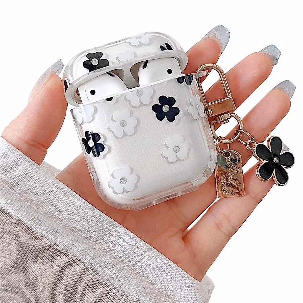MINSCOSE Compatible with AirPods 1/2 Clear Case,Cute Cartoon Flower Pattern Design with Floral Keychain, Soft TPU Protective Shockproof Case for AirPod 1&2 for Girls Women-Black