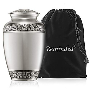 Reminded Cremation Memorial Urn for Human Ashes, Silver Adult Funeral Urn with Velvet Bag