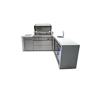 Mont Alpi MAi805-D90BEVFC 44-inch 6-Burner 115000 BTU 90 Degree Corner Deluxe Stainless Steel Gas Outdoor Kitchen Barbecue Island Grill + Lockable Compact Refrigerator + Faucet & Sink + Rotisserie Kit