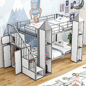Favfurish Twin Over Twin Castle-Shaped Bunk Bed with Wardrobe,Open Storage cabinets,a Storage Staircase and guardrails,Metal Stairway BunkBed for Kids Boys/Girls/Teens,Gray+White