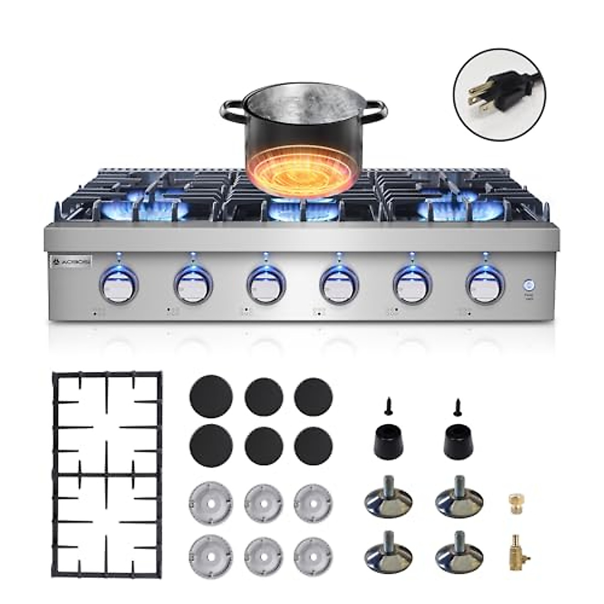 AAOBOSI Gas Cooktop 36 inch Gas Stove Built-in Gas Range Commercial Gas Stove Top, Propane Cooktop NG/LPG Switch, 6 Cast Iron Stove Top Covers for Gas Burners with 6 Burners for Cooking, Gas Grilling