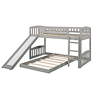 Tidyard Twin Over Twin Bunk Bed with Slide and Ladder, Wood Bed Gray for Bedroom Dorm Guest Room Home Furniture