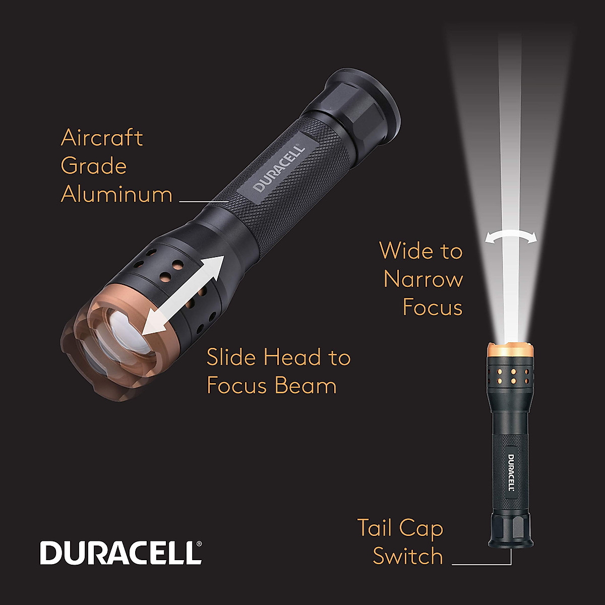 DURACELL 1,000 Lumen Aluminum Focusing Flashlight for Everyday Use - Ultra-Light and Easy to Carry Design with 3 Modes and 3-C Batteries Included. Great for in-Door & Out-Door Use