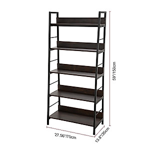 Homdox 5 Tier Ladder Shelf, Industrial Bookshelf Wood and Metal Bookcase, Plant Flower Stand Rack Book Rack Storage Shelves for Home Decor, Walnut