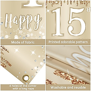 Happy 15th Birthday Banner Backdrop Decorations for Girls, Gold White Sweet 15 Birthday Sign Party Supplies, Fifteen Year Old Birthday Photo Booth Background Poster Decor(72.8 x 43.3 Inch)