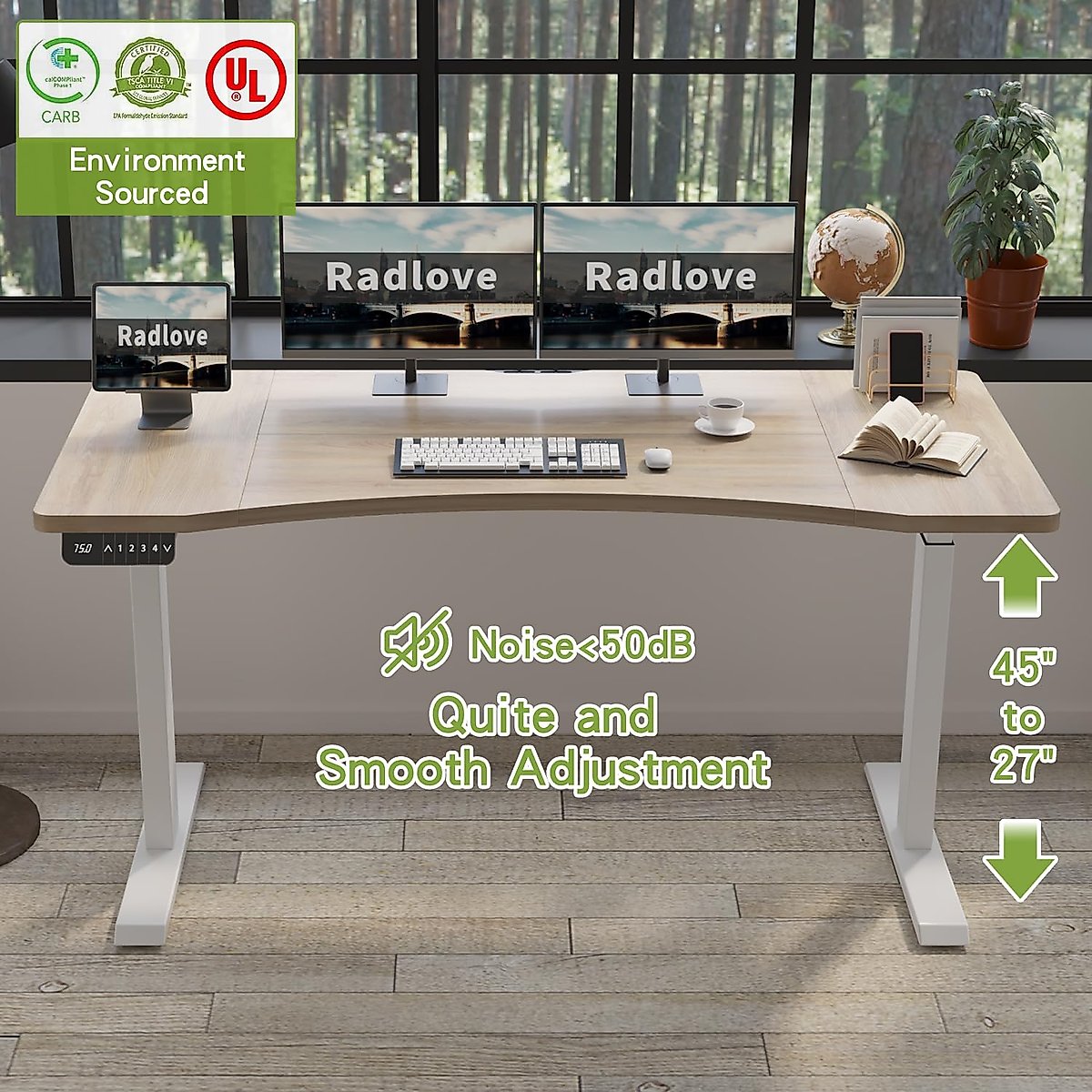 Radlove Dual Motors Height Adjustable 63 x 30'' Electric Standing Desk with Curved Design Stand Up Table 4 Memory Keys, Computer Desk with Splice Board Home Office Desk, Oak Top + White Frame
