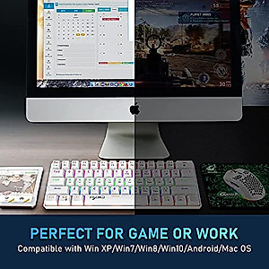 60% True Mechanical Gaming Keyboard Mouse Set, Type C Wired 61 Keys Layout Rainbow LED Backlit USB Waterproof Keyboard Anti-ghosting Keys+Lightweight RGB Mice 6400DPI for Computer/PC/Laptop/MAC(White)