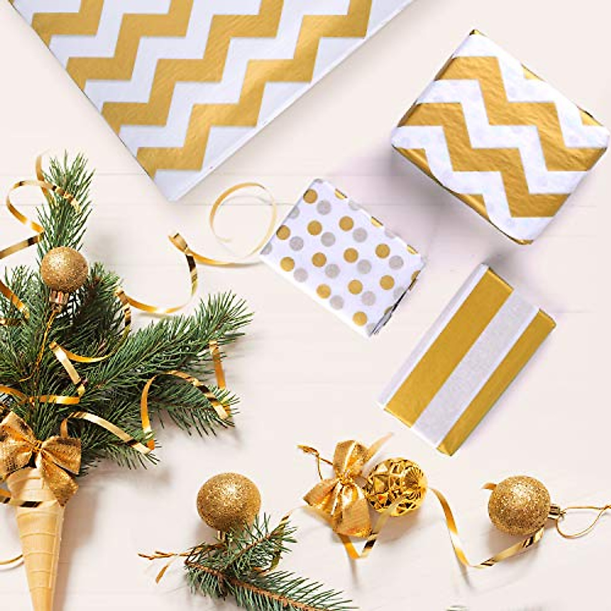MIAHART 100 Pcs Gold White Tissue Paper Bulk 3 Style Decorative Metallic Wrapping Paper for Gift Bags Birthday Christmas Party Decoration, DIY Arts Crafts Gold Dot Wave Design Patterned(100 Sheet)