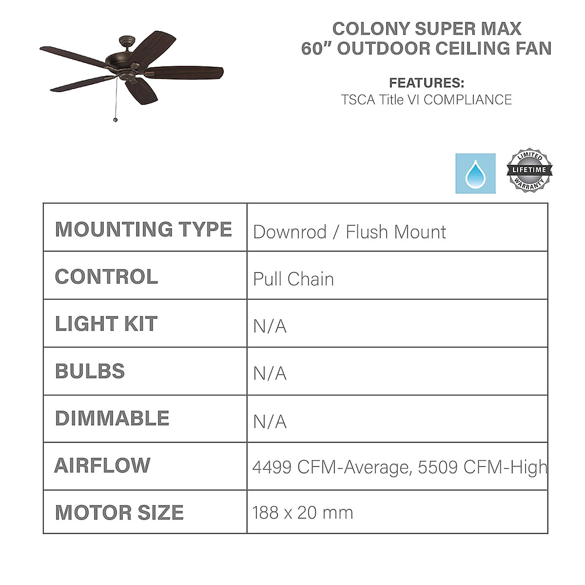 Monte Carlo 5CSM60RB Colony Super Max Dual Mount 60'' Outdoor Ceiling Fan with Pull Chain, 5 Blades, Roman Bronze