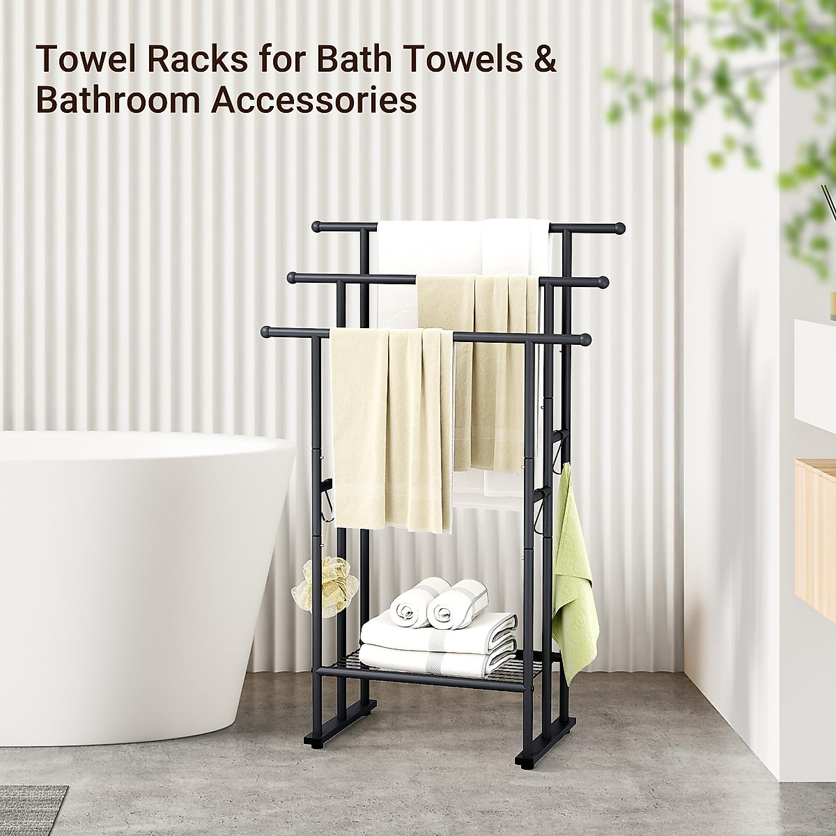 ELYKEN 3 Tier Standing Towel Rack, 40'' Tall Towel Drying Rack Outdoor, Freestanding Floor Towel Rack with Shelf, Pool Towel Blanket Stand, Metal Towel Racks for Bathroom freestanding, Matte Black
