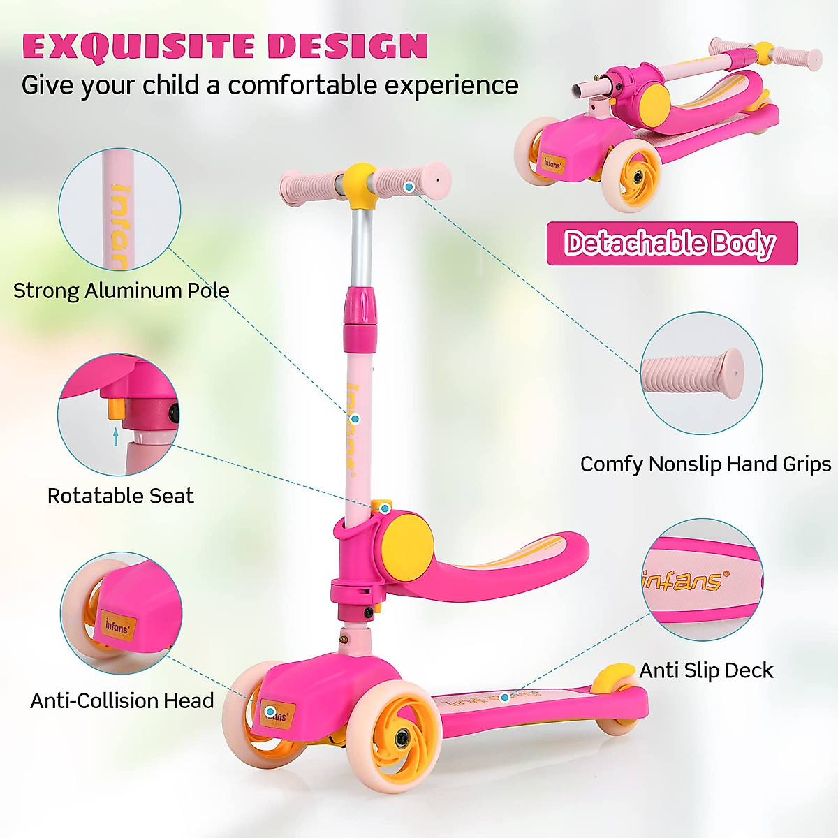 INFANS 3 Wheel Scooter for Kids, 2 in 1 Learn to Steer Kick Scooters with Removable Seat, LED Flashing Wheels, Adjustable Height, Wide Deck, Outdoor Activities Toy Gift for Girls Boys Ages 3-8 (Pink)