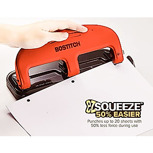Bostitch Office Three Hole Punch Ez Squeeze Hole Puncher 20 Sheet Standard - Metal Construction - Red