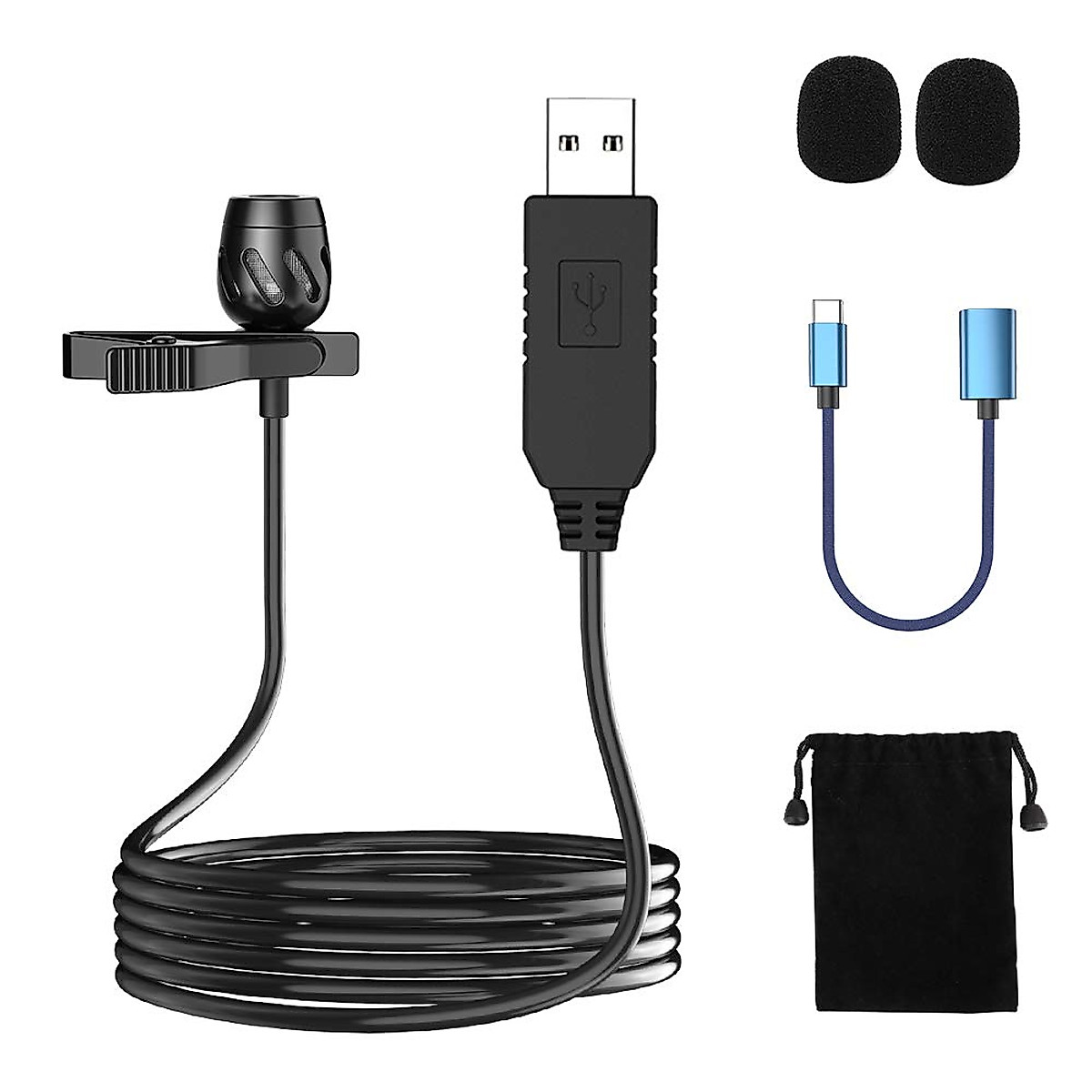 RoyAroma Lavalier Microphone Compatible with Android Phone/iPhone/iPad/Laptop/Mac/Desktop, Plug-Play Lapel Clip-On Mini Mic for Vlog Interview YouTube with USB C Adapter 23ft