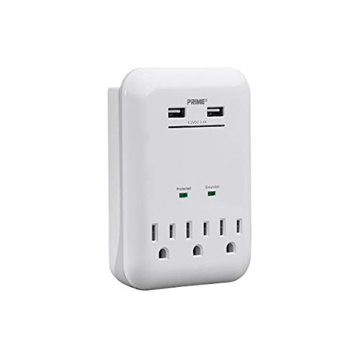 Monoprice 3 Outlet Power Surge Protector Wall Tap with 2 Built in 3.4A USB Charging Ports - White | ETL Rated 950 Joules with Grounded and Protected Light Indicator