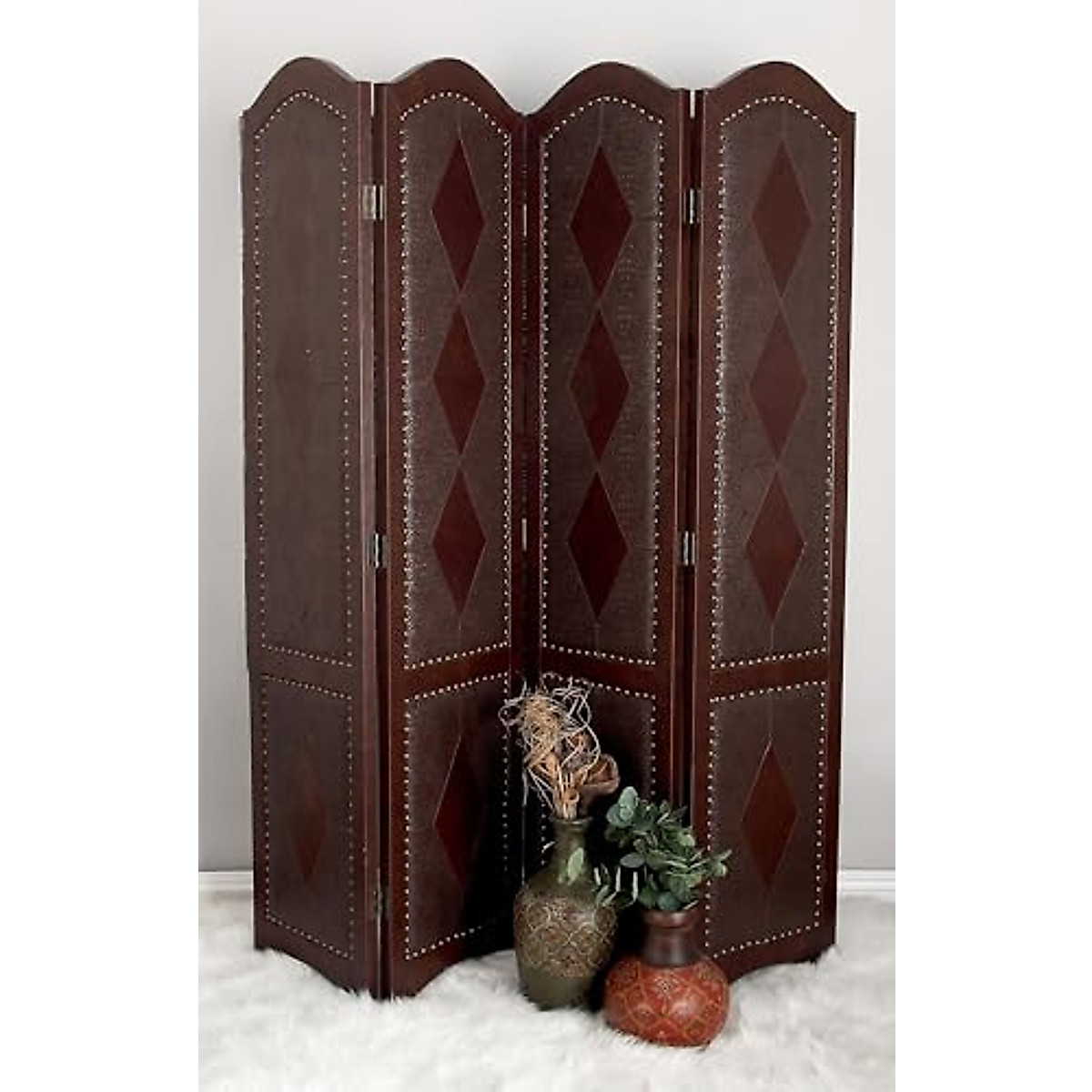 Deco 79 Faux Leather Scroll Partition Room Divider Screen Hinged Foldable Partition 4 Panel Privacy Screen with Faux Leather Detailing, Room Partition 64" x 1" x 71", Brown