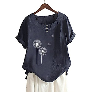 Women Summer Round Neck Button Dandelion Print Short Sleeve T Shirt Blouse Navy