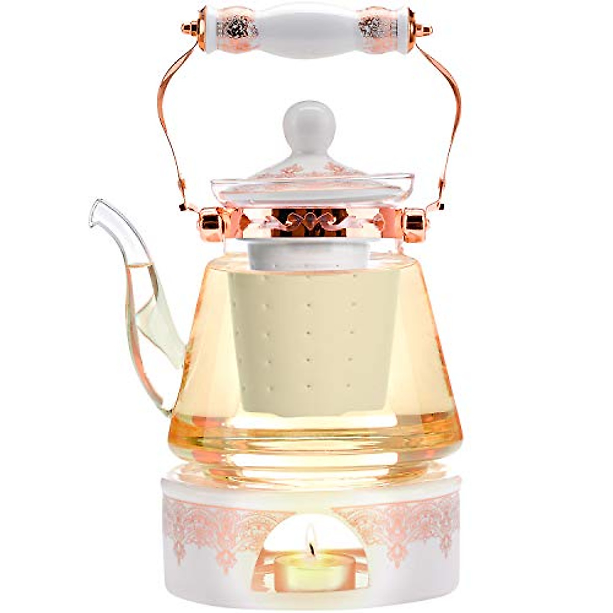 Teabloom Buckingham Palace Teapot & Flowering Tea Gift Set (6 Pieces) - Stovetop Safe Glass Teapot (40 OZ / 1.2 L / 4-5 CUPS), Porcelain Lid, Tea Warmer, Loose Tea Infuser, 2 Gourmet Rose Tea Flowers