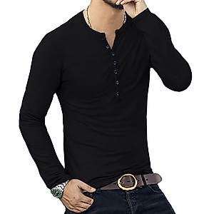 YTD Mens Casual Slim Fit Basic Henley Long Sleeve Fashion T-Shirt XL Black
